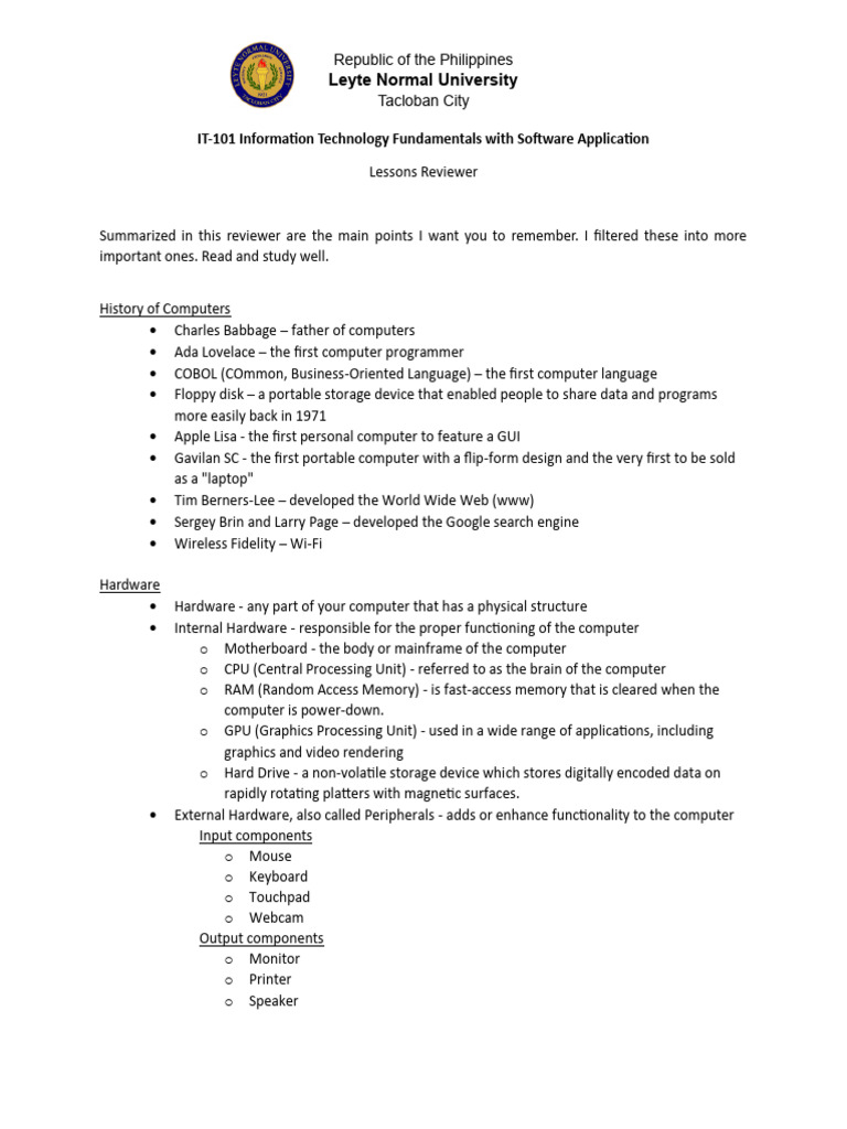 Information Technology Fundamentals - Midterm Reviewer | PDF | Malware | Operating System