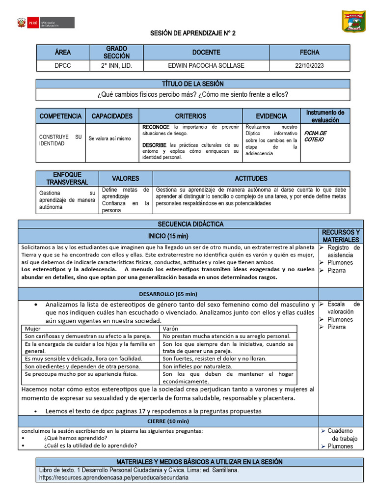 Sesion de Aprendizaje 7 - DPCC 1° - #2 | PDF | Aprendizaje | Rol de género