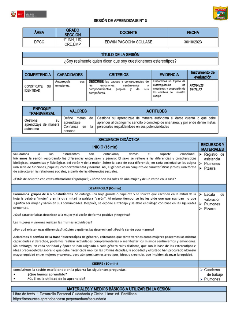SESION DE APRENDIZAJE 7- DPCC 1°- N° 3 | PDF | Las emociones | Aprendizaje
