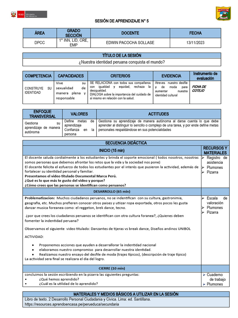 Sesion de Aprendizaje 7 - DPCC 1° - #5 | PDF | Aprendizaje | Perú