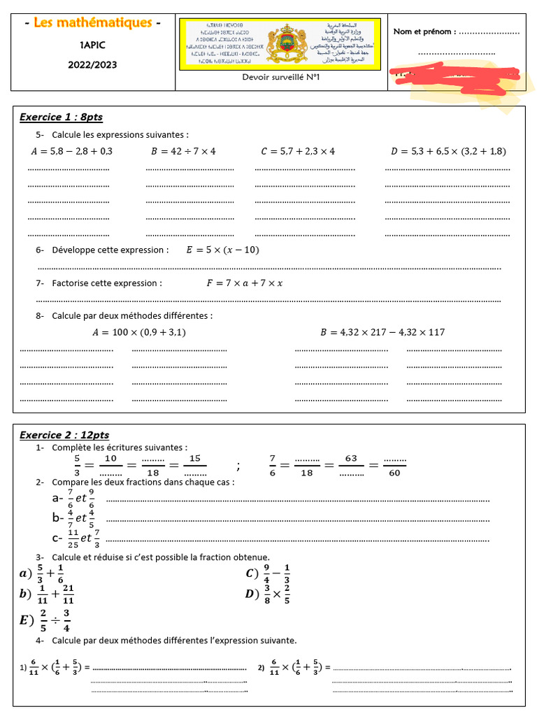 Devoir Surveillé N1 Maths 1ac | PDF