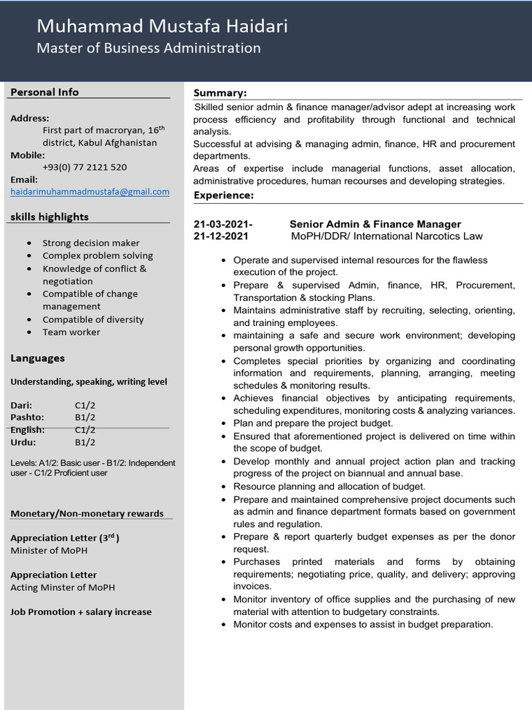 Muhammad Mustafa Haidari Resume | PDF | Procurement | Human Resources