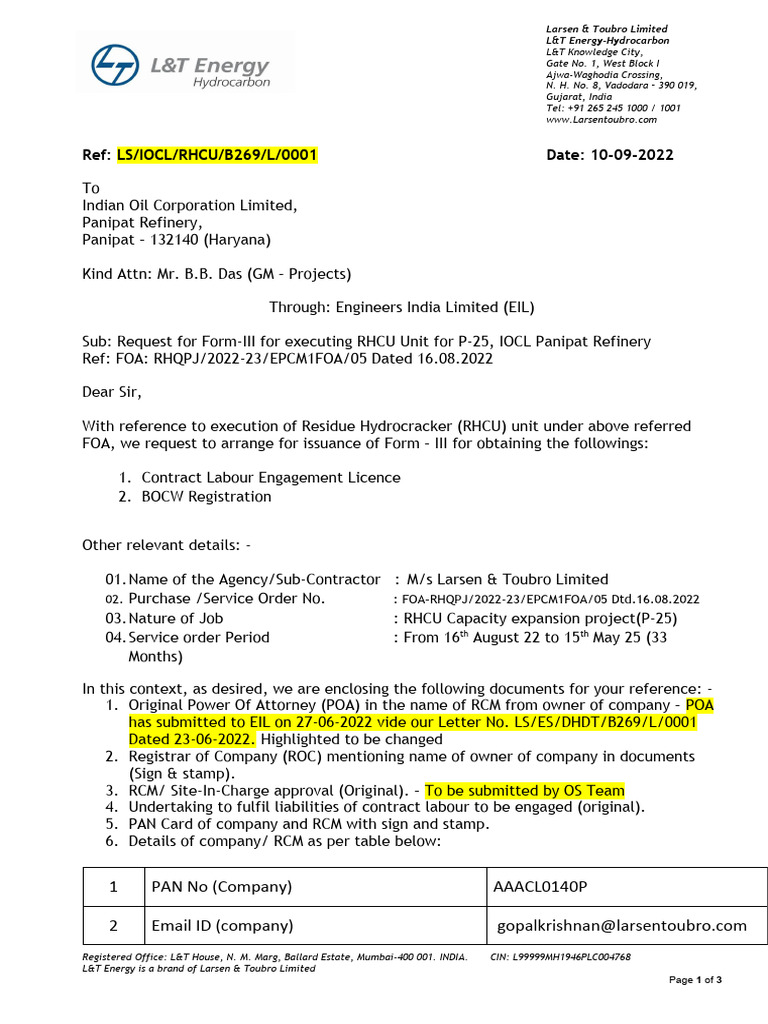 Request for Form-III for IOCL Project | PDF | Employment | Civil Law ...
