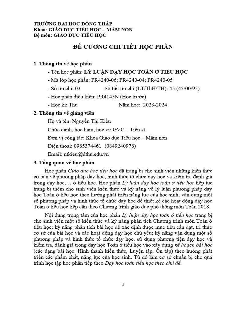 De CUONG Hoc Phan Ly Luan Day Hoc Toan o Tieu Hoc | PDF