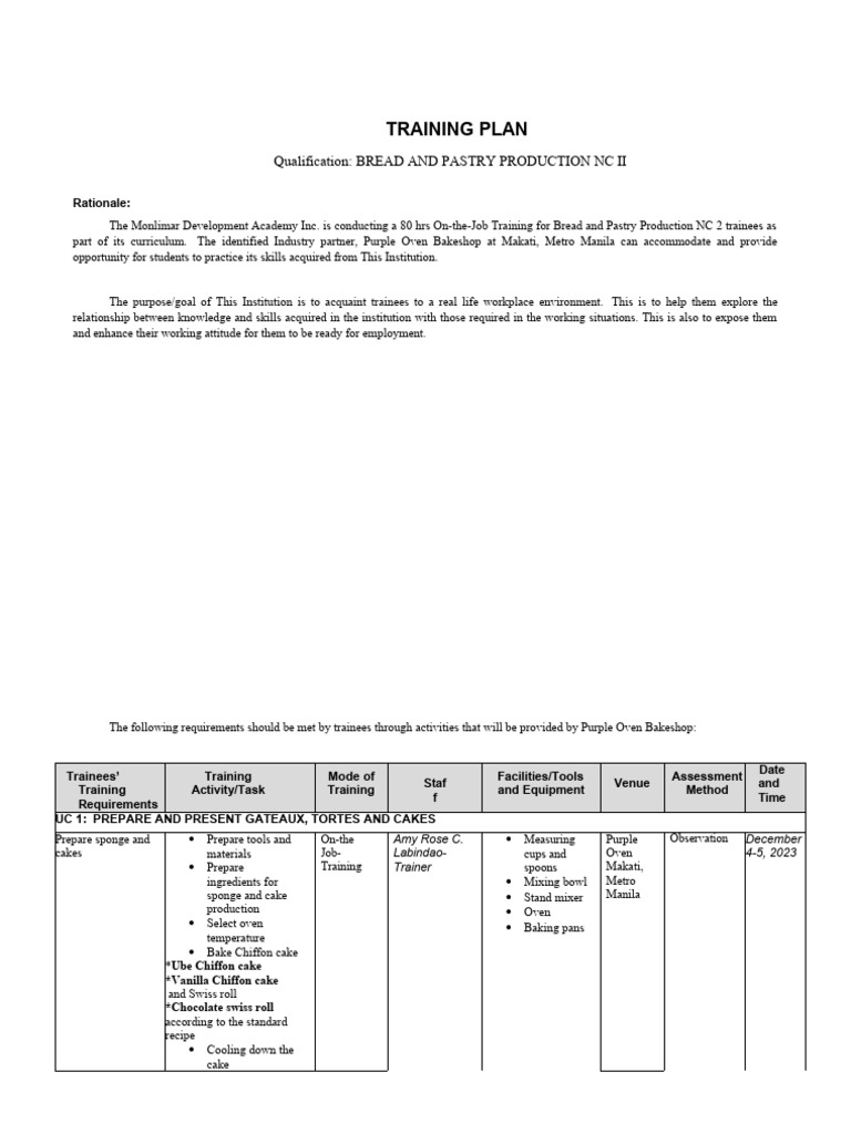 Sample Training Plan BPP | PDF | Cakes | Desserts