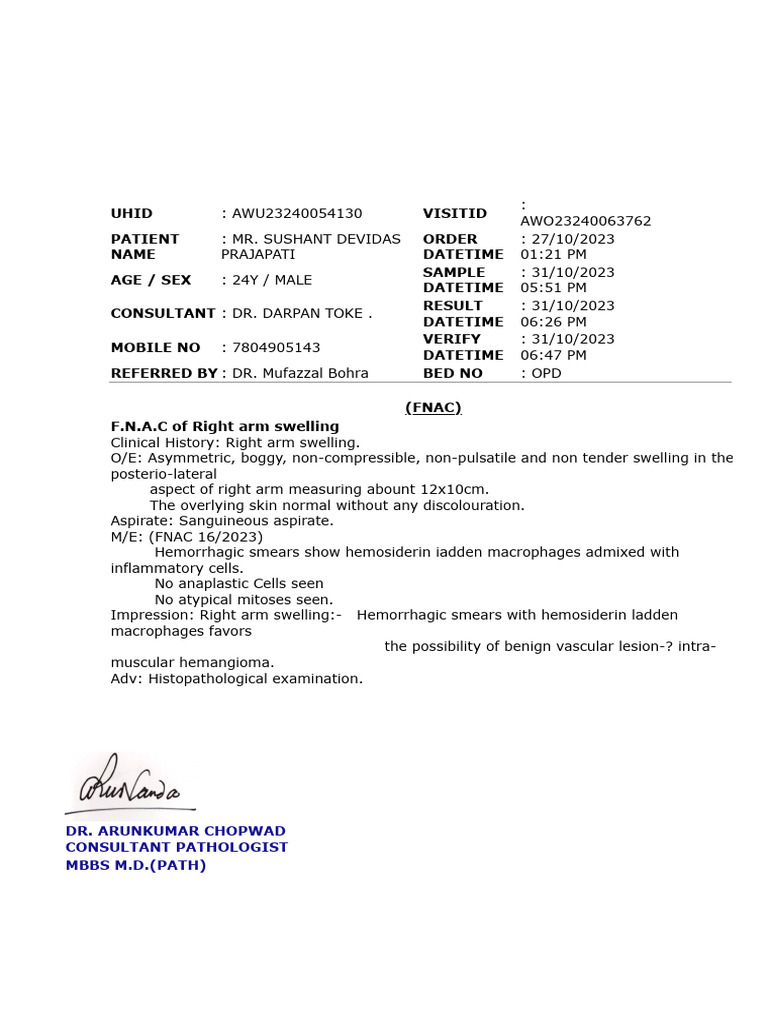 Patient FNAC Report Summary | PDF