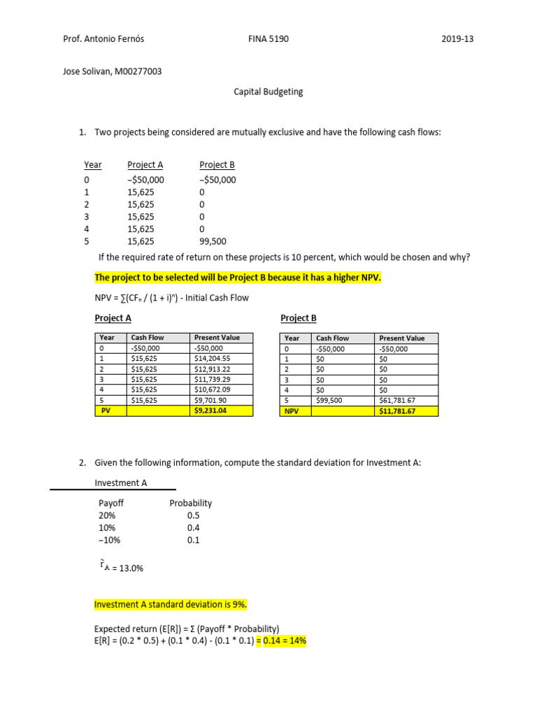 A3 Capital Budgeting Jose Solivan v1 | PDF | Capital Budgeting | Net ...