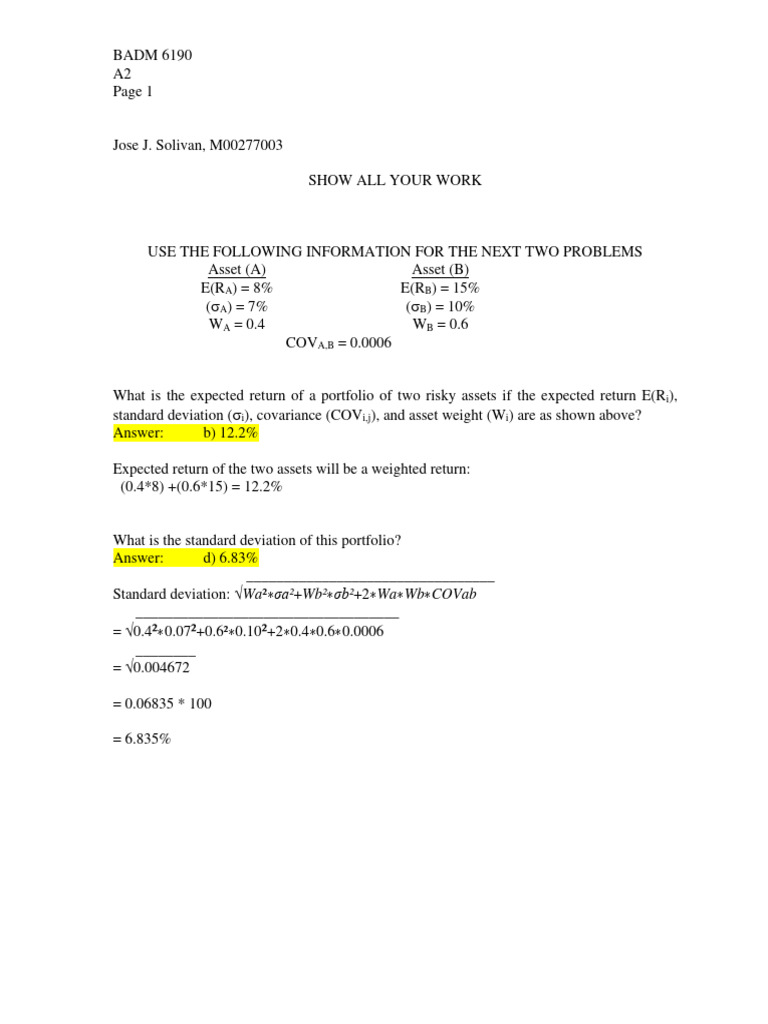 A2 - Risk and Return & CAPM Jose Solivan | PDF | Capital Asset Pricing ...
