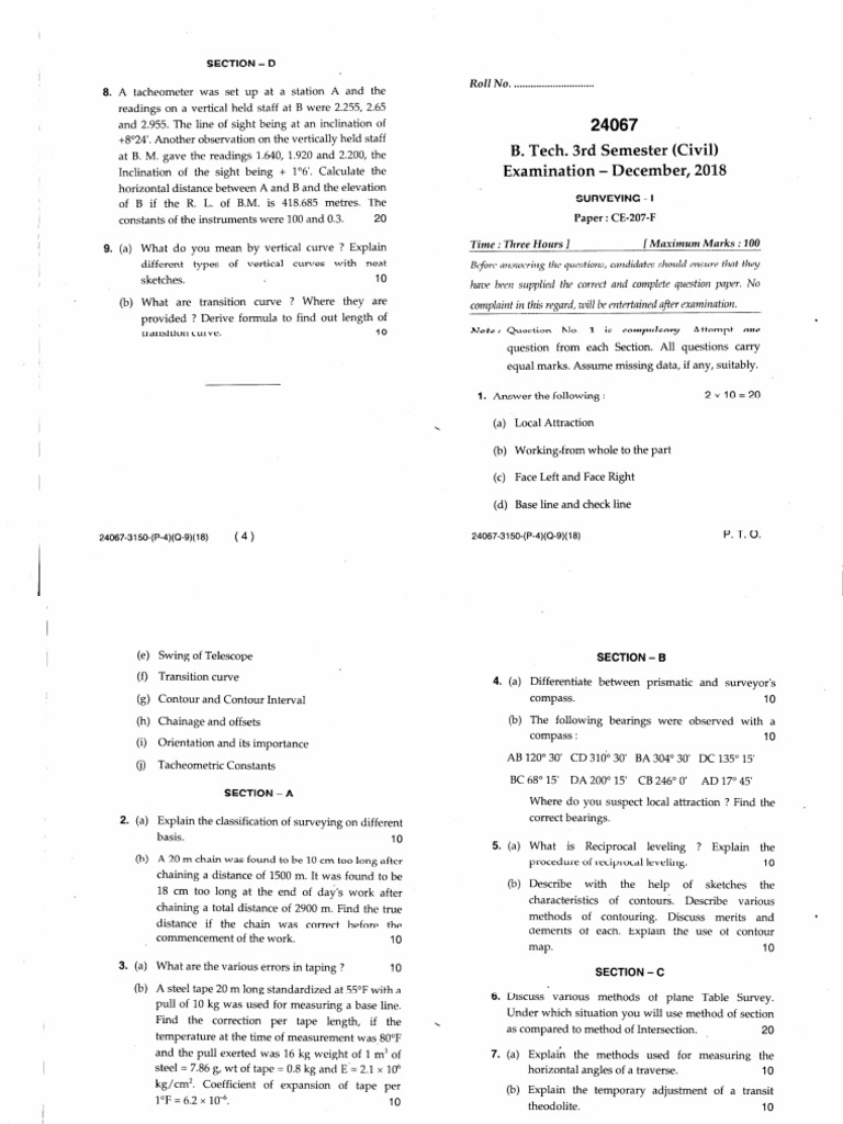 Btech Civil 3 Sem Surveying 1 24067 Dec 2018 | PDF