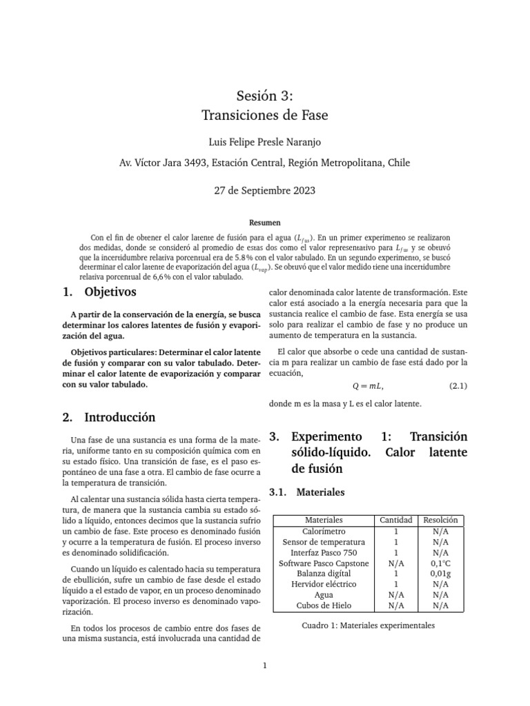 Laboratorio Transiciones de Fase | PDF | Calor | Calor latente Laboratorio Transiciones de Fase | PDF | Calor | Calor latente