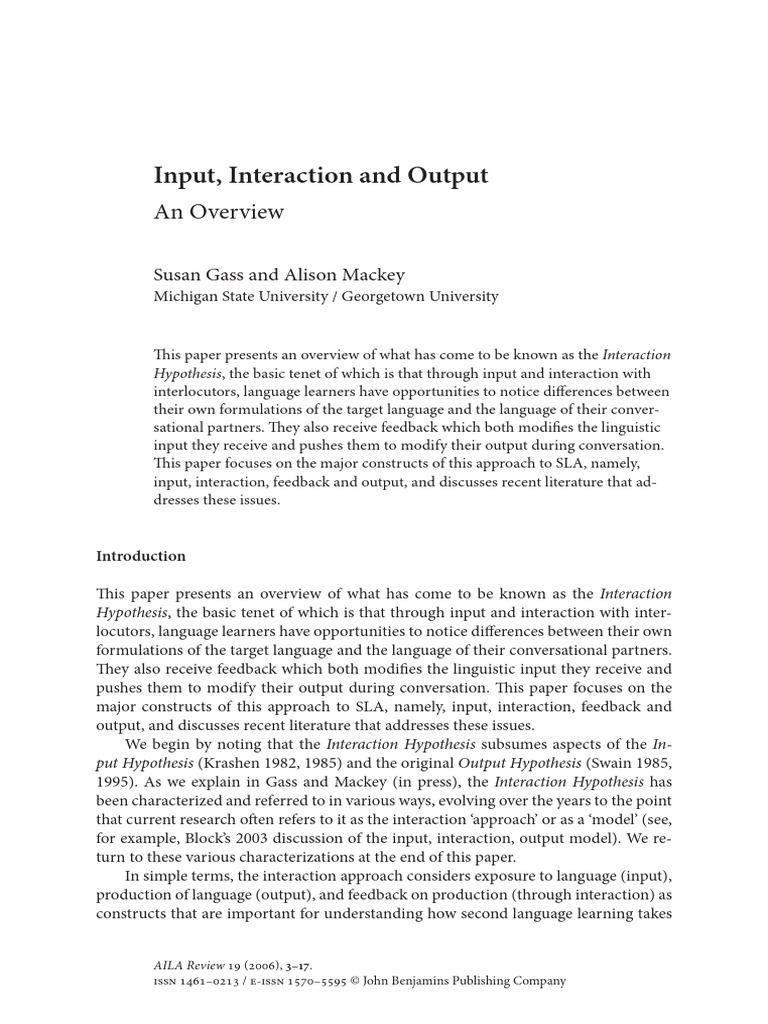 Input Interaction and Output An Overview 2006 | PDF | Second Language Acquisition | Second Language