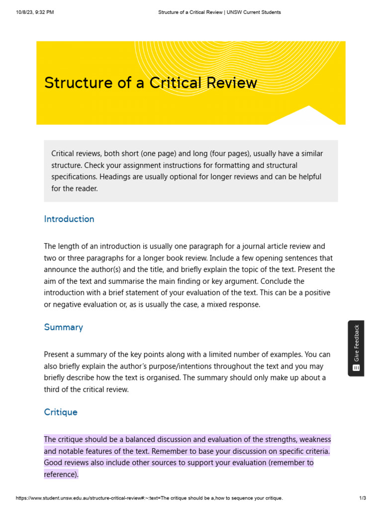 Structure of A Critical Review - UNSW Current Students | PDF ...