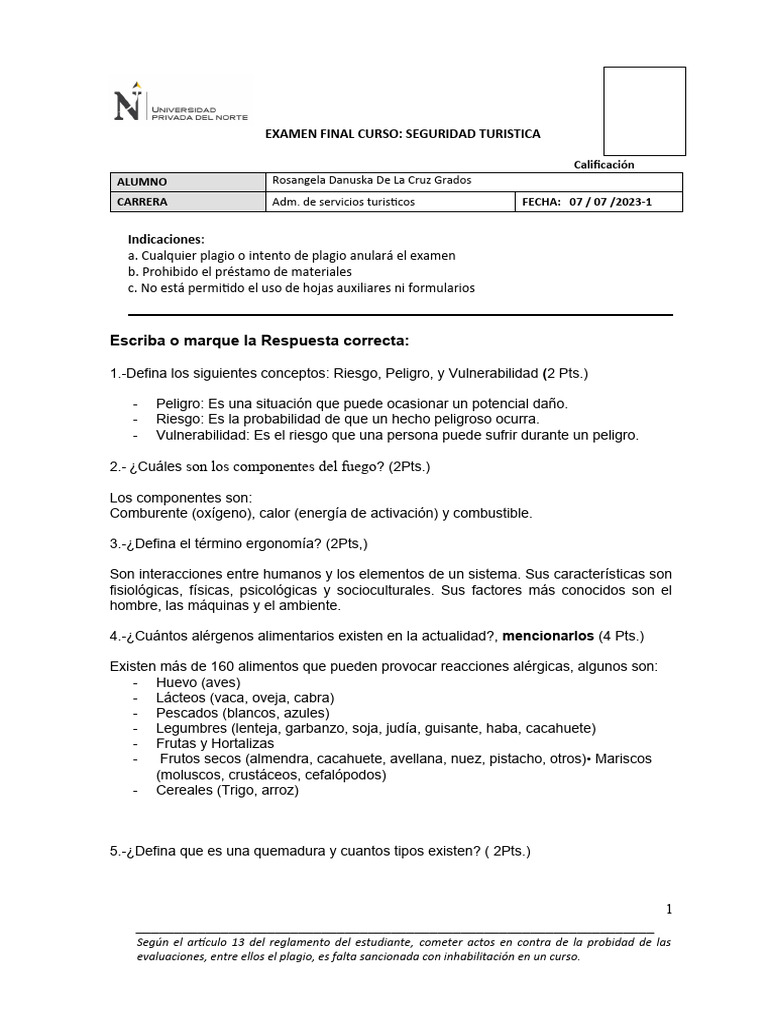 Examen Final Seguridad Turistica | PDF | Reanimación cardiopulmonar