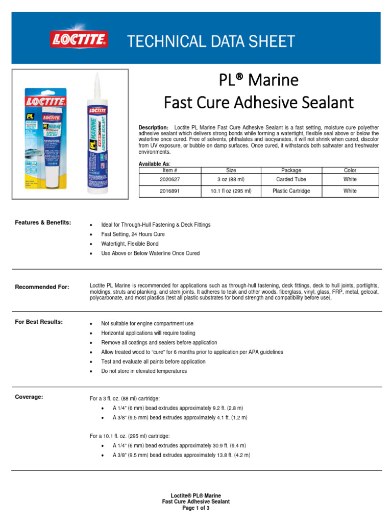 Loctite PL Marine Fast Cure Adhesive Sealant Product Data 1868602 | PDF ...