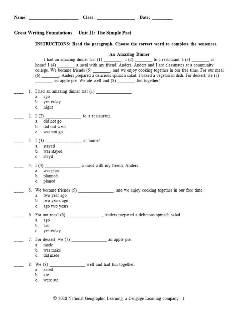 Great Writing 5e Foundations Unit 11 Exam View Test | PDF | Meal ...