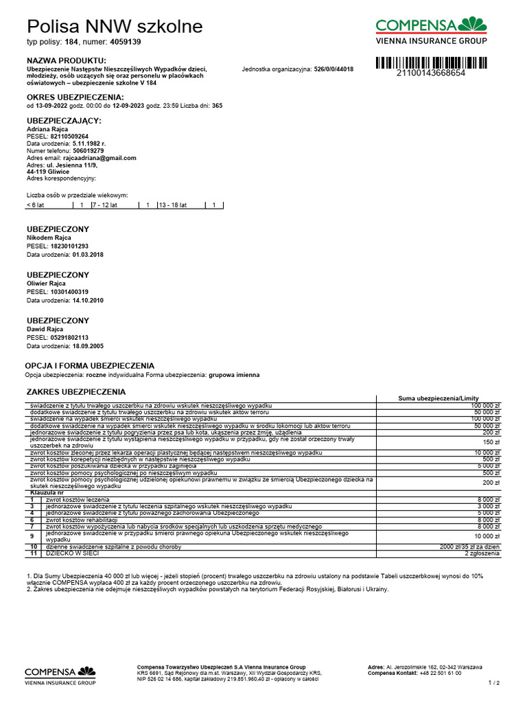 Polisa Direct NNW Szkolne | PDF