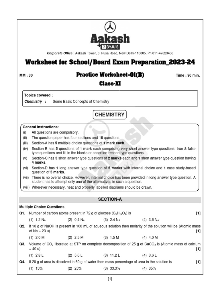 Master WS-01 (B) - Chemistry - XIth - Some Basic Concepts of Chemistry | PDF | Mole (Unit ...