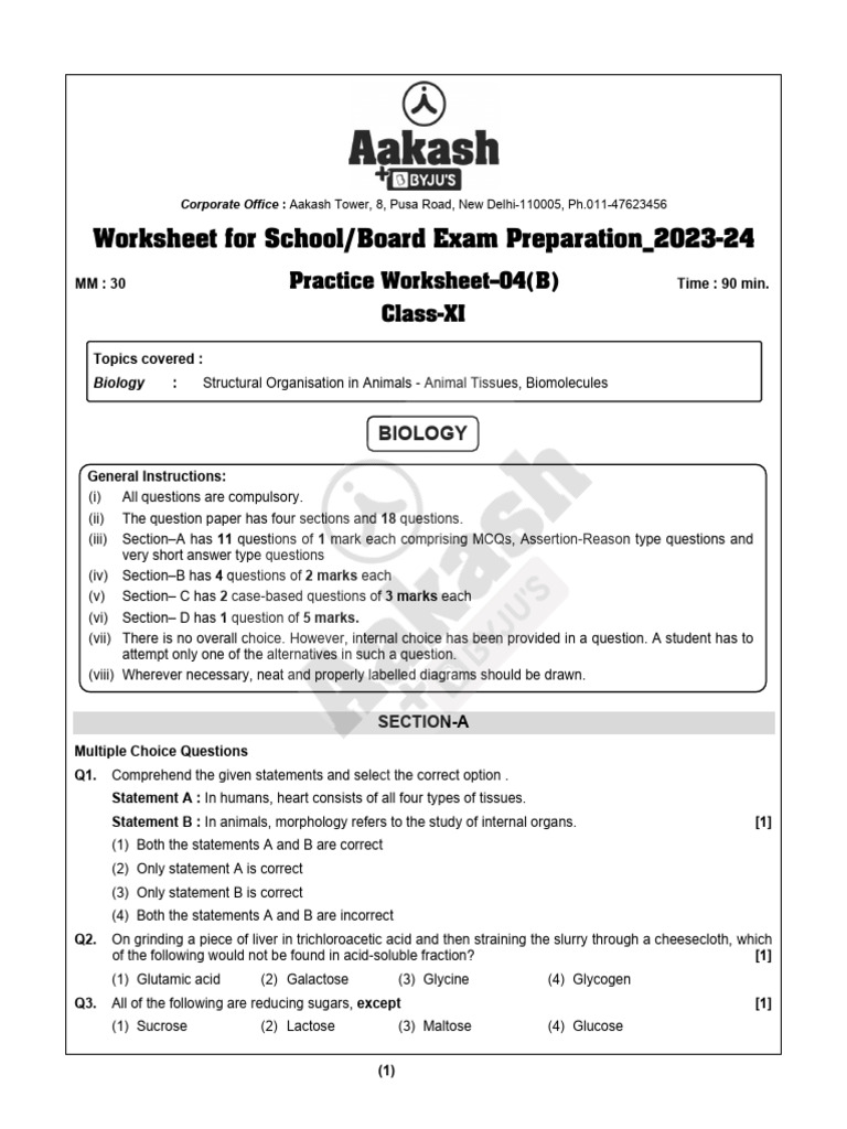 Worksheet - 04 (B) - Zoology - XIth - Animal Tissue and Biomolecules ...
