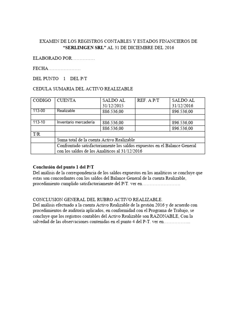 Auditoría del Activo Realizable 2016 | PDF | Auditoría | Contabilidad