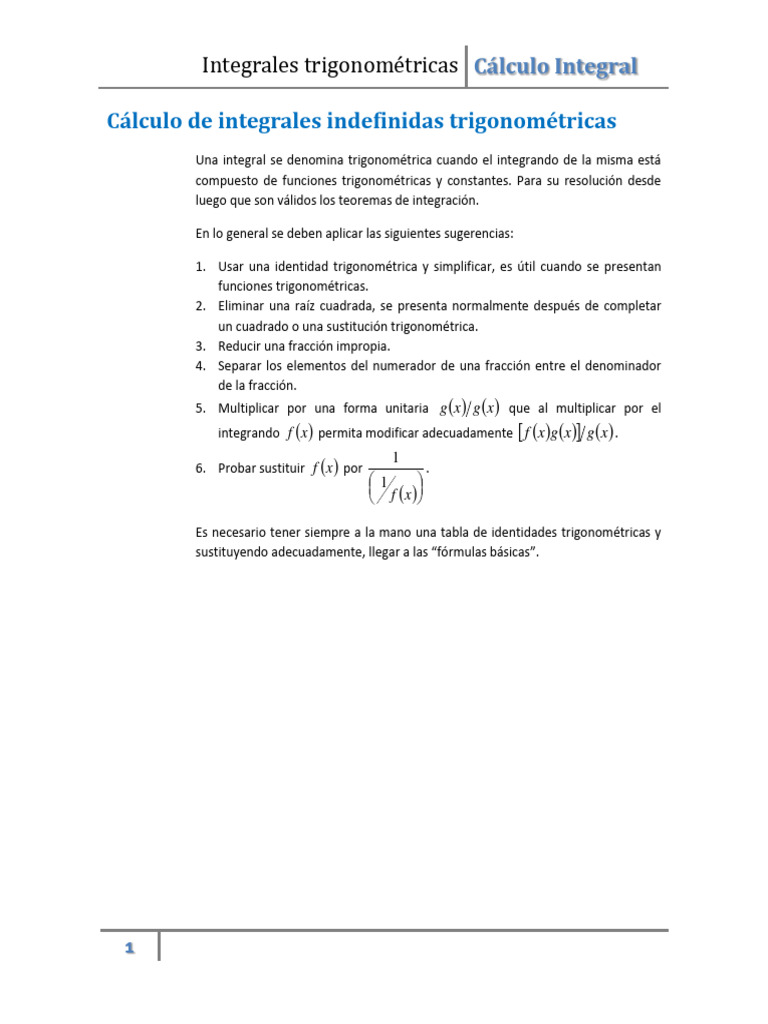 Integrales trigonométricas | PDF | Integral | Funciones trigonométricas