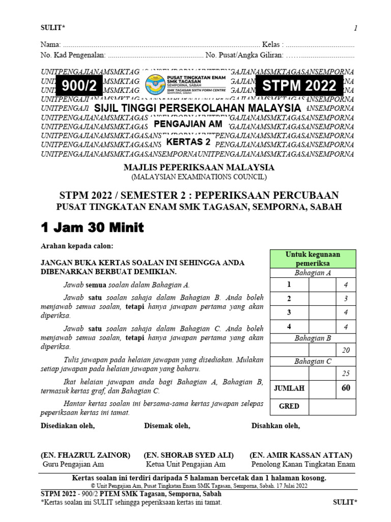 SMK_TAGASAN_SEMPORNA_SABAH_SOALAN_PERCUBAAN_STPM_2022_SEMESTER_2 (2) | PDF