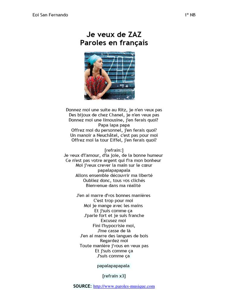 Paroles de "Je veux" de Zaz | PDF