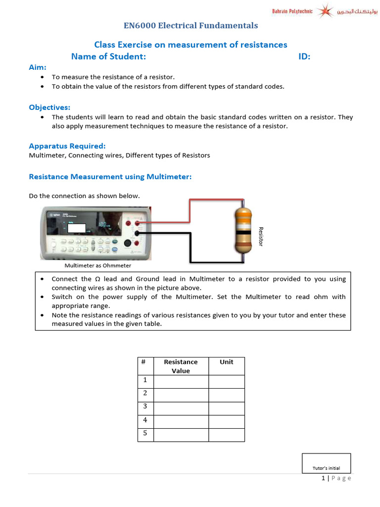 Class Ex-1 - Measurement of Resistance | PDF | Resistor | Engineering Tolerance