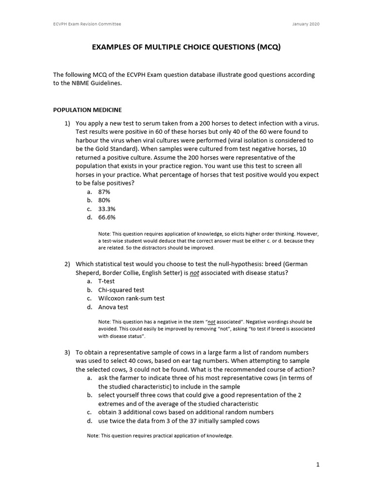 Examples of MCQ - ECVPH | PDF | Sensitivity And Specificity | Multiple Choice