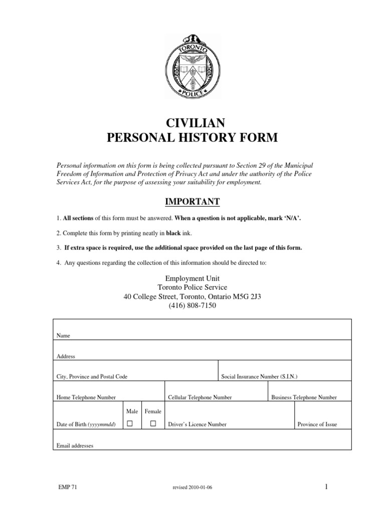 Civilian Personal History Form | PDF | Social Institutions