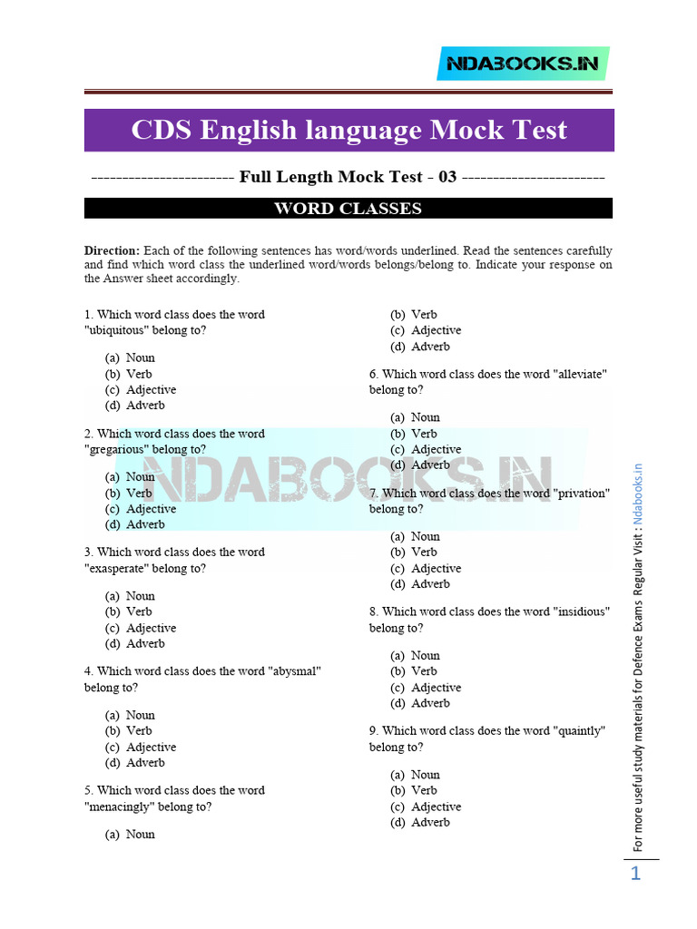 CDS English Mock Test Overview | PDF | Part Of Speech | Adverb