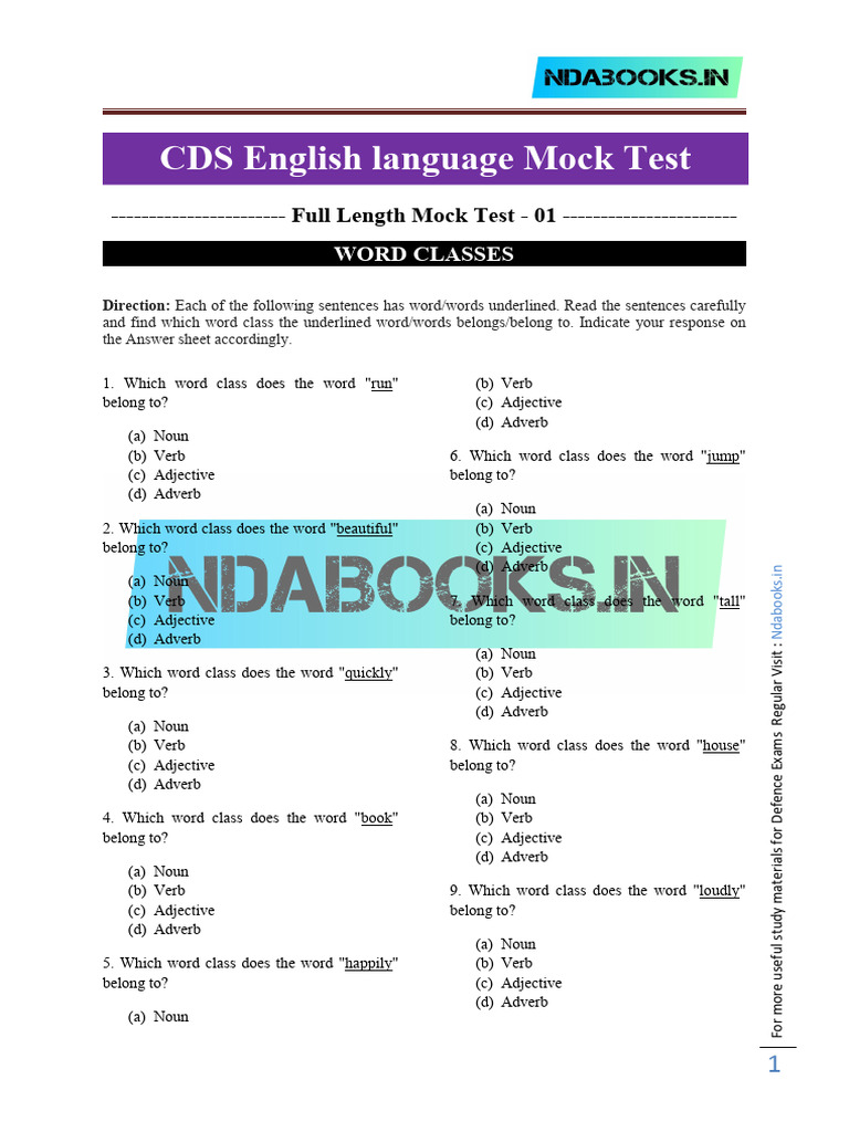 CDS English Full Length Mock Test 01 | PDF | Adverb | Part Of Speech