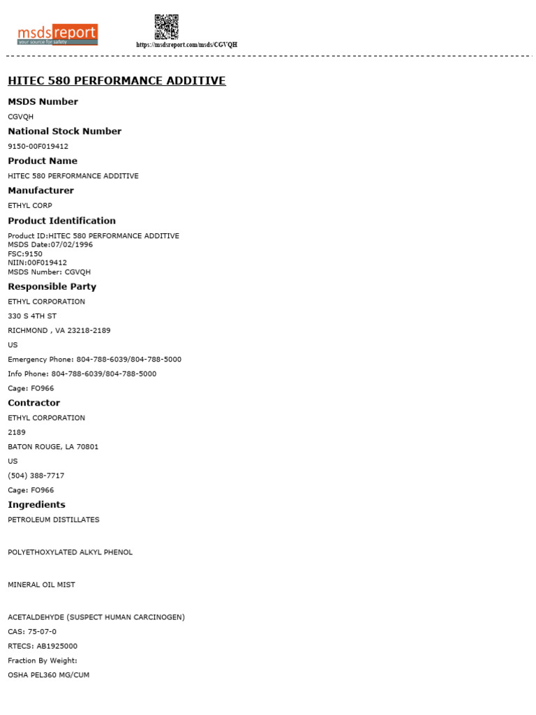 HITEC 580 Performance Additive MSDS | PDF | Firefighting | Personal ...