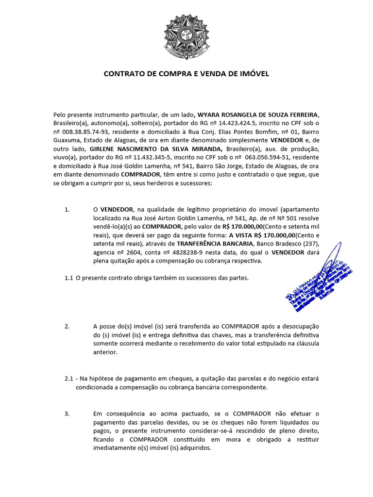 Contrato De Compra E Venda De Imóvel Pdf Direito Comum Lei E Economia