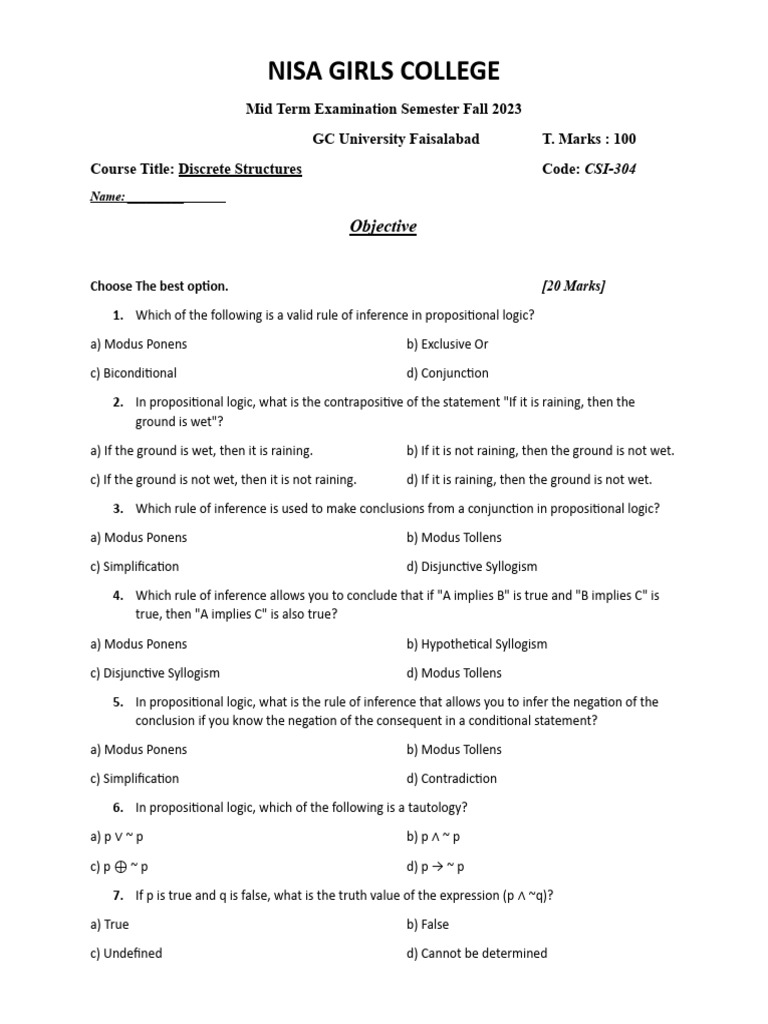 Mid Term Exam 2023 | PDF | Logic | Metalogic