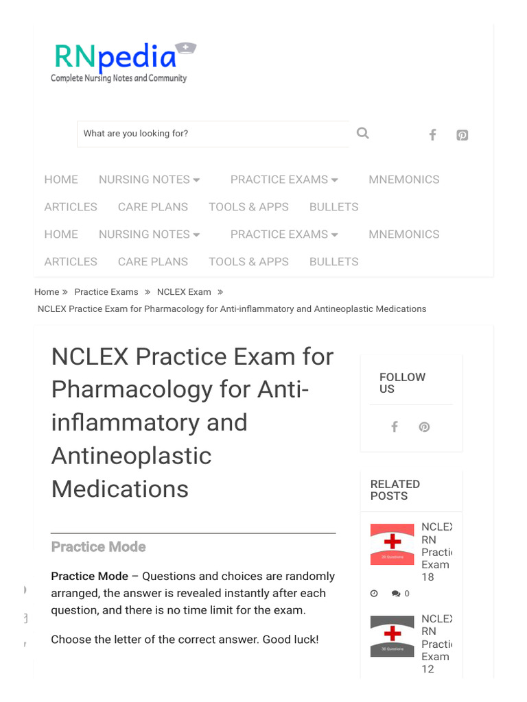 NCLEX Practice Exam For Pharmacology For Anti-Inflammatory and A | PDF ...