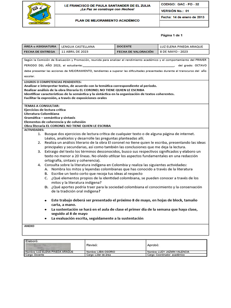 Plan de Mejoramiento 81P Castellano | Descargar gratis PDF | Evaluación | Colombia