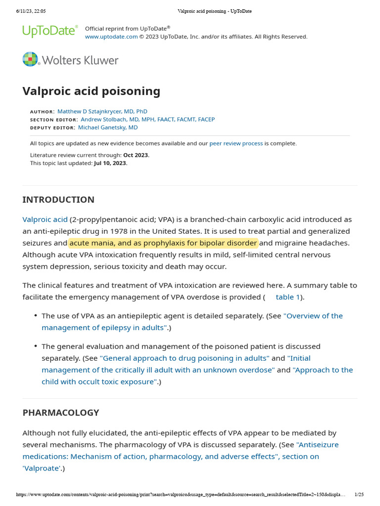 Valproic Acid Poisoning - UpToDate | PDF | Diseases And Disorders ...