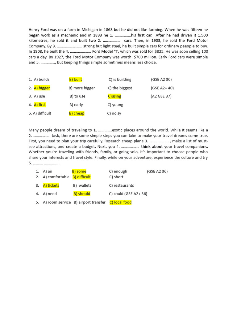 A2 Cloze Tests | PDF