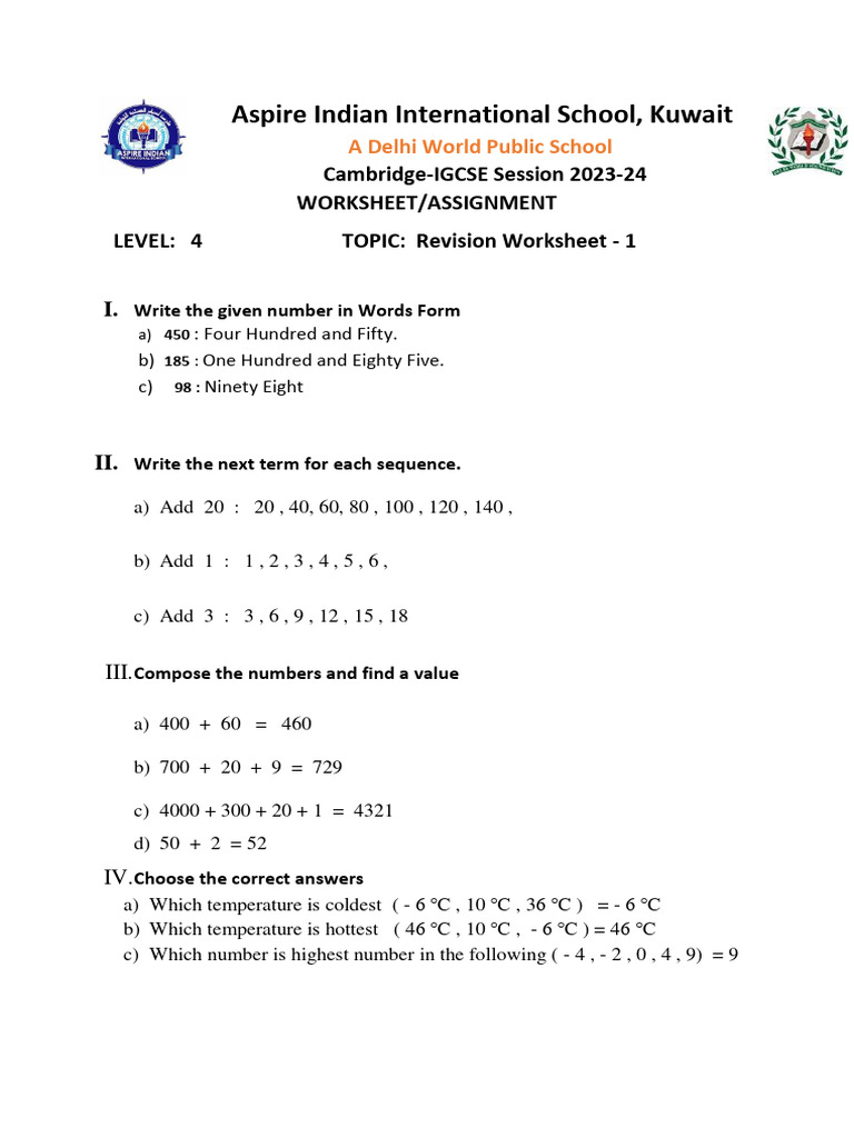 Grade 4 Math Revision Worksheets | PDF