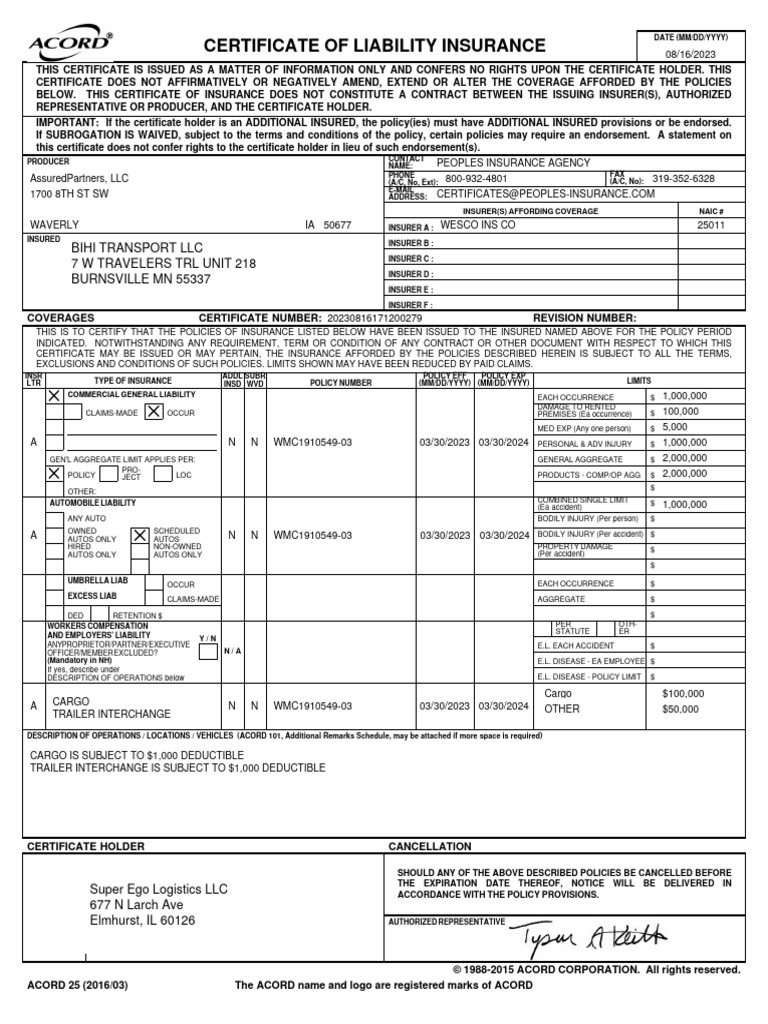 Certificate of Liability Insurance: Bihi Transport LLC 7 W Travelers ...