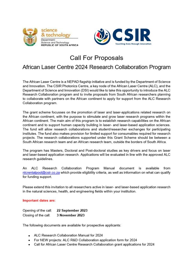 Call For African Laser Centre Research Collaboration Grant Applications ...