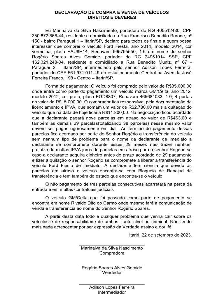 Declaração de Compra e Venda de Veículo | PDF