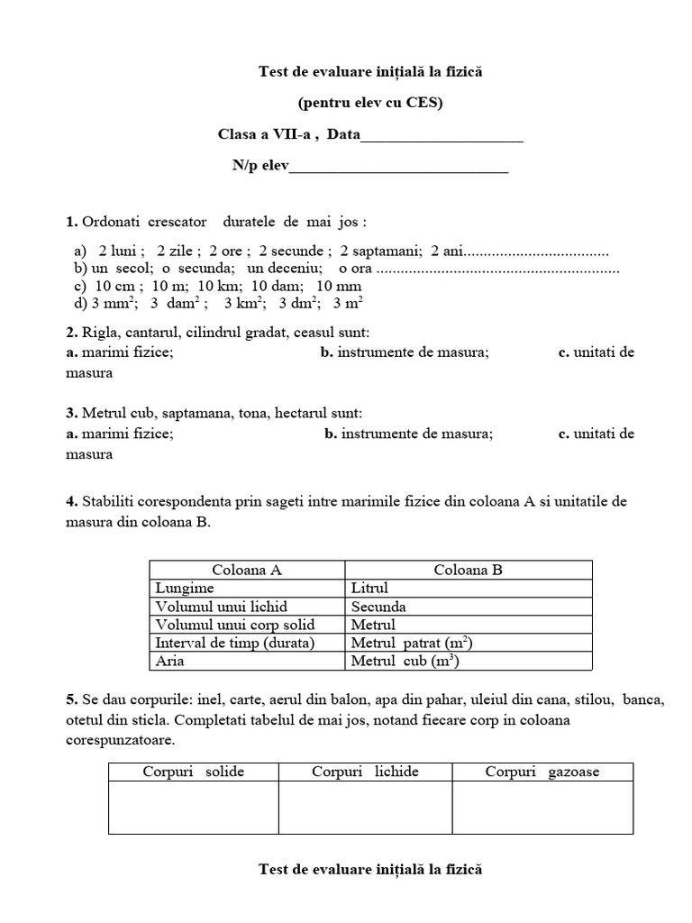 Test Personalizat Pentru Elevi Cu CES | PDF