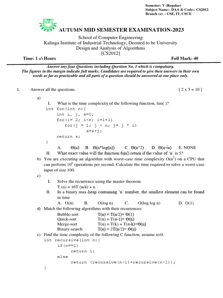 CS2012 DAA Mid Exam 2023 | PDF | Applied Mathematics | Algorithms And Data Structures
