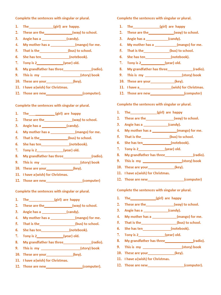 Singular and Plural Sentence Exercises | PDF | Linguistic Typology ...
