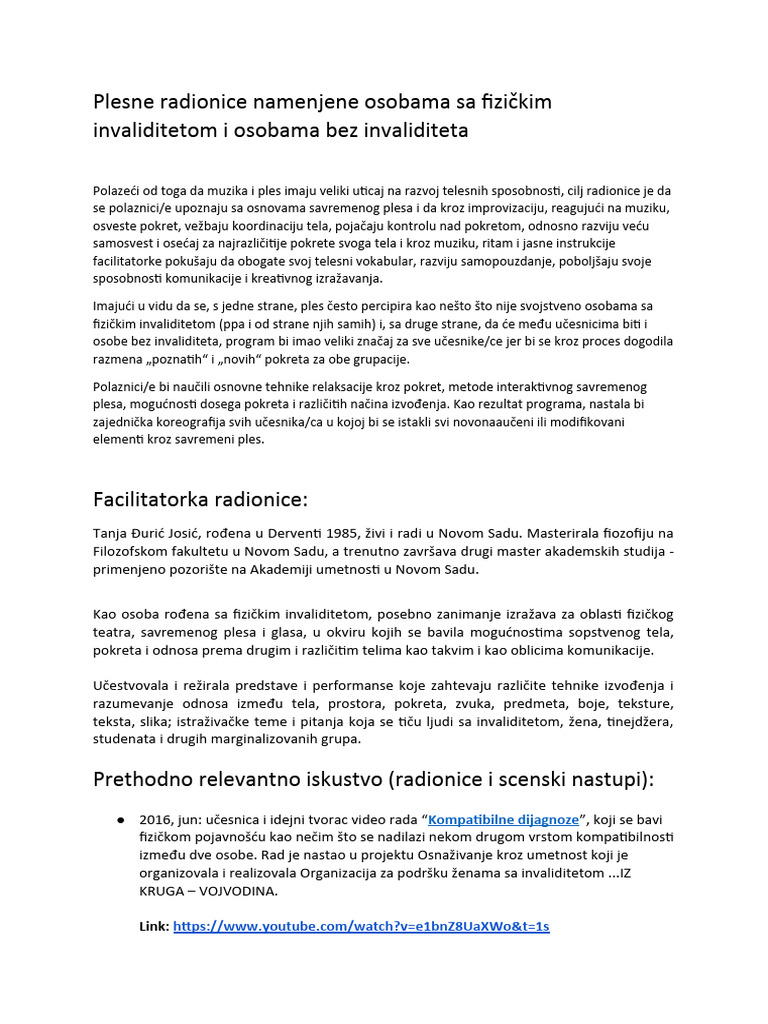 Plesne Radionice Namenjene Osobama Sa Fizičkim Invaliditetom I Osobama Bez Invaliditeta | PDF