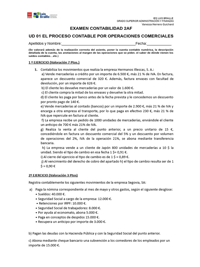Examen de Contabilidad 2AF Resuelto | PDF | Contabilidad | Factura