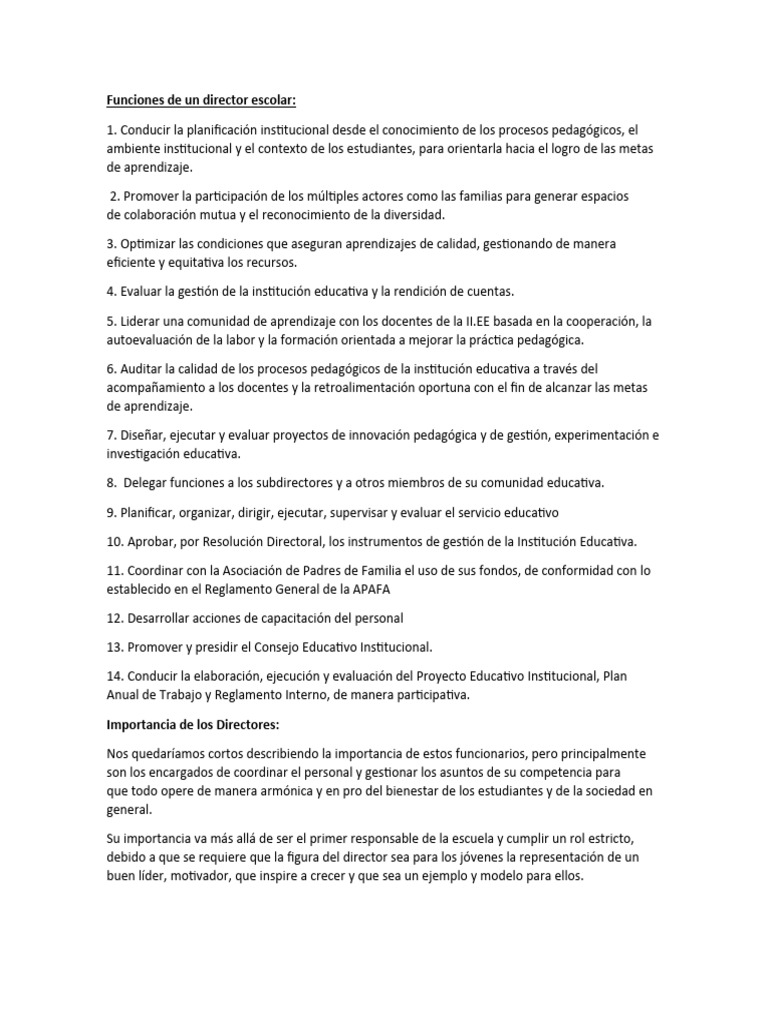 Funciones de Un Director Escolar | PDF | Liderazgo | Evaluación
