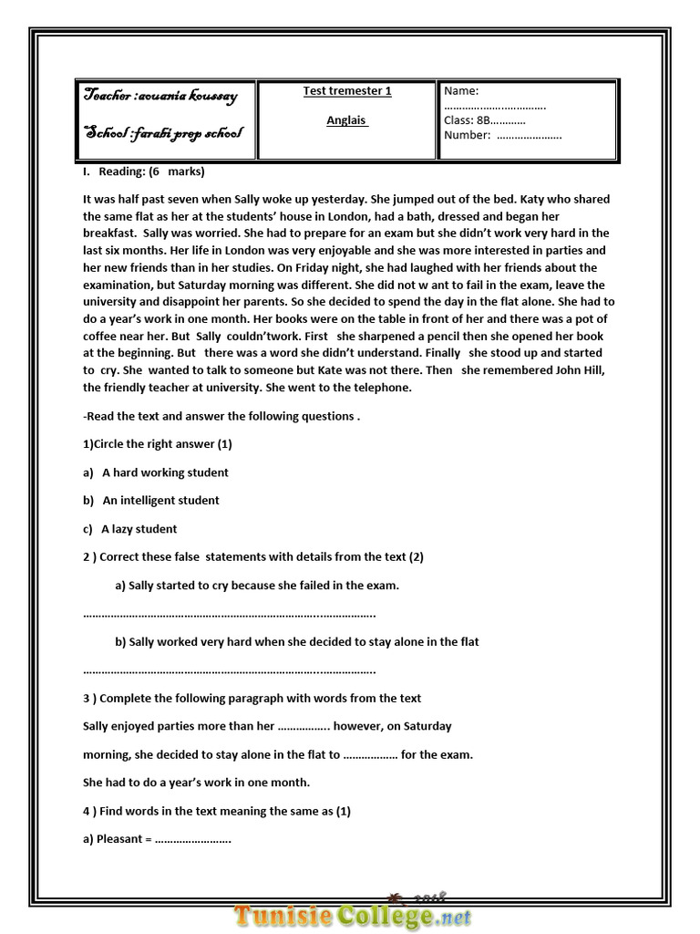 Devoir de Contrôle N°1 - Anglais - 8ème (2018-2019) MR Aouania Koussay | PDF | Language Arts ...