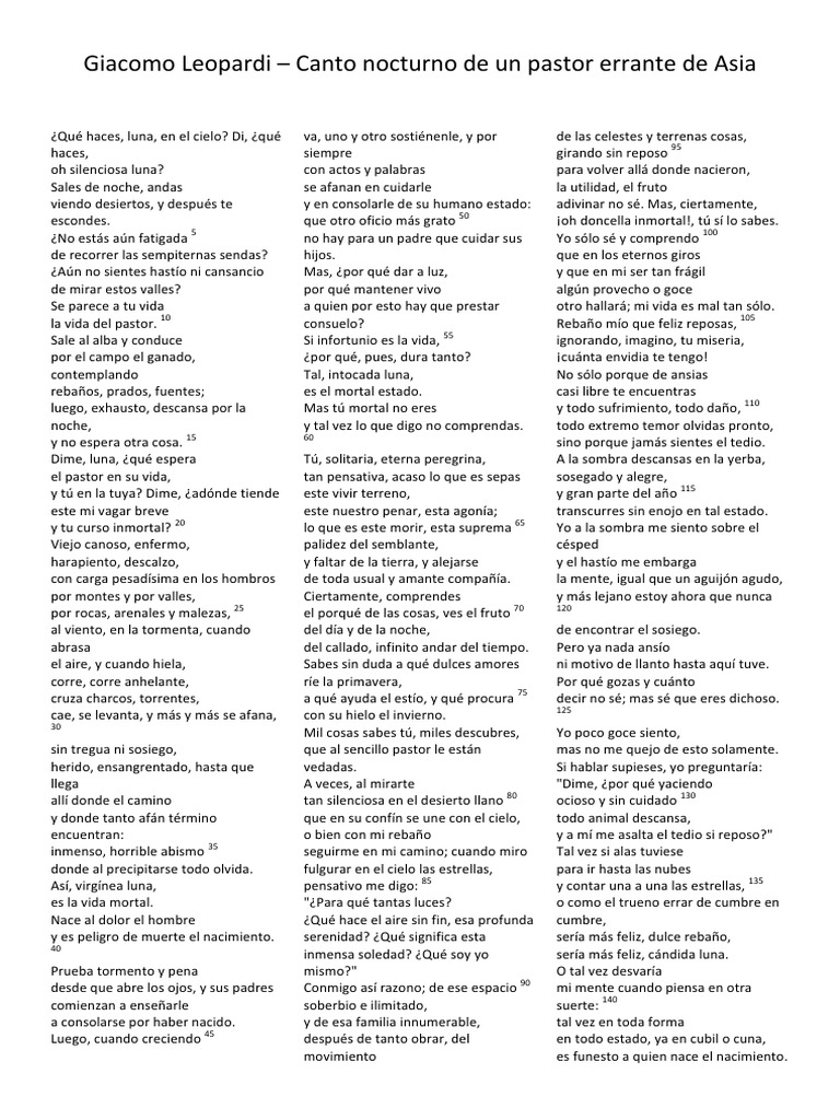 Giacomo Leopardi - Canto Nocturno de Un Pastor Errante de Asia | PDF